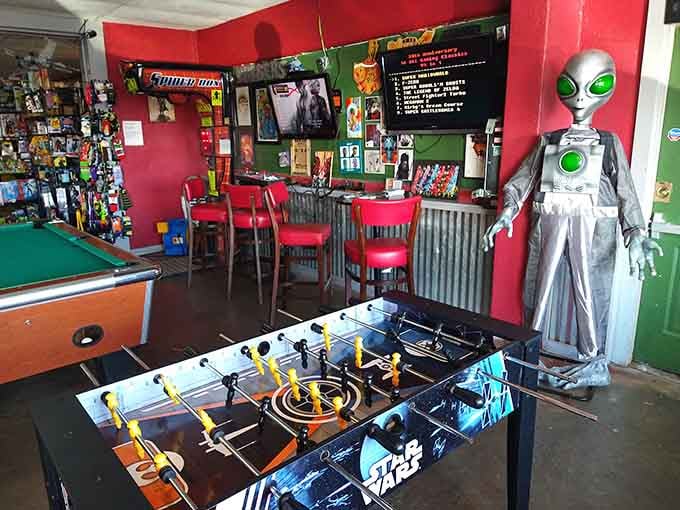 A life-sized alien and foosball table prove this place takes fun as seriously as it takes food.