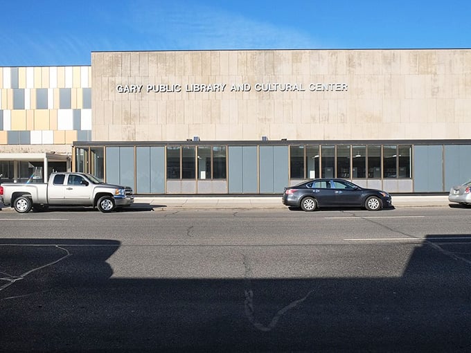 The library soldiers on, proving that even ghost towns need somewhere to check out books about better times.