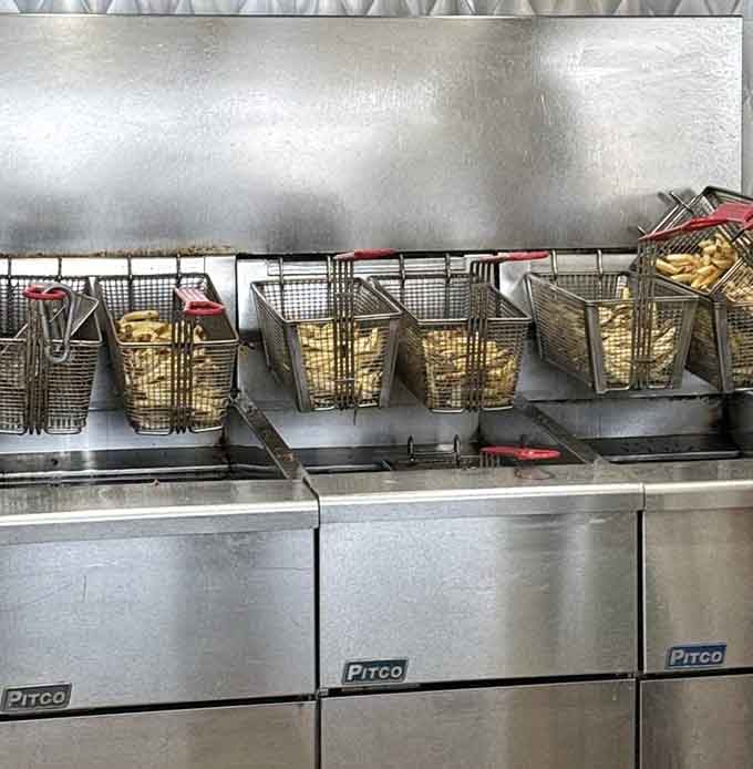 Multiple fryer baskets working overtime to create the crispy golden fries that crown every hot dog here.