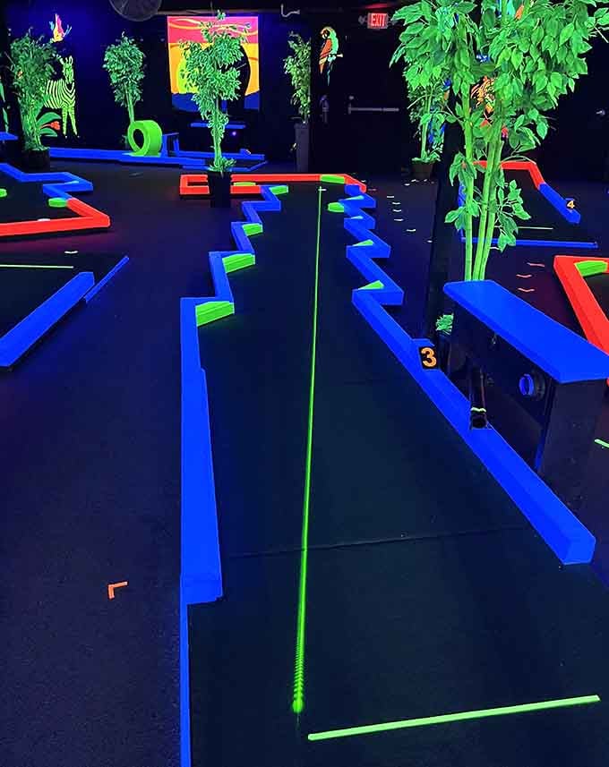 Winding pathways lead through the glowing landscape, each turn revealing another burst of color and creative obstacles ahead.