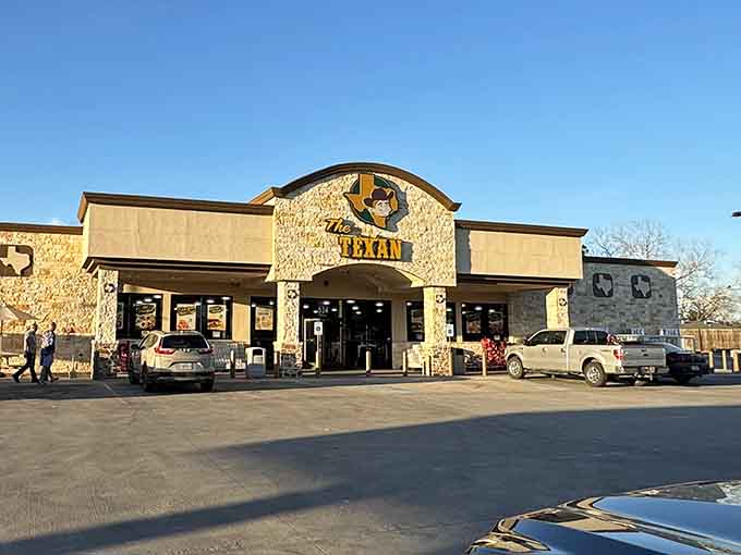 The Hungry Texan promises hearty meals in a building that looks ready to feed an army of travelers.