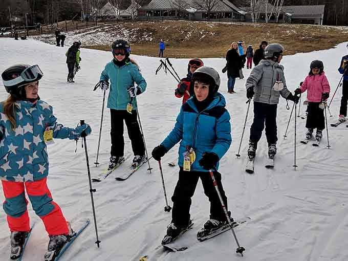 Young skiers learning the ropes on gentle slopes, creating winter warriors one pizza-wedge turn at a time.
