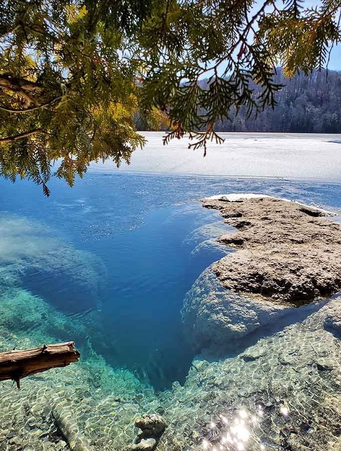 Winter reveals the lake's true colors even more dramatically, proving that turquoise water looks good in any season.