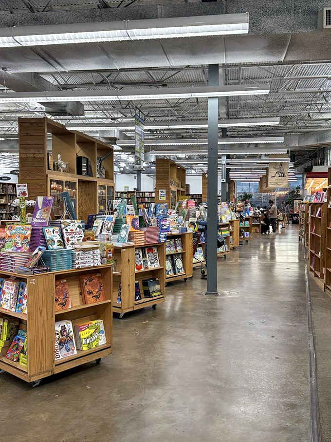 Endless aisles of wooden shelving create a maze where getting lost is half the fun of discovery.