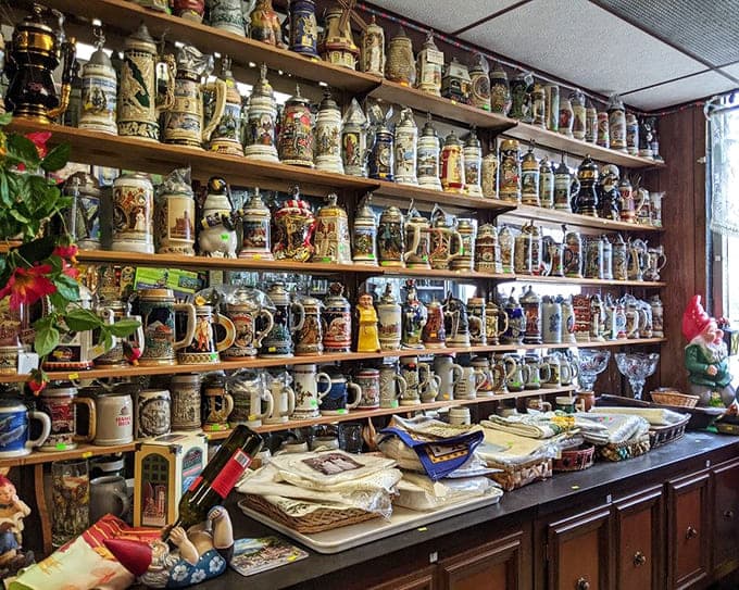 Beer steins lining the shelves like a Bavarian hall of fame, each one fancier than your entire dishware collection.