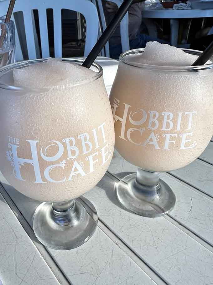 Frozen Bellini served in Hobbit Cafe glasses, because your drinks deserve their own Middle Earth branding.