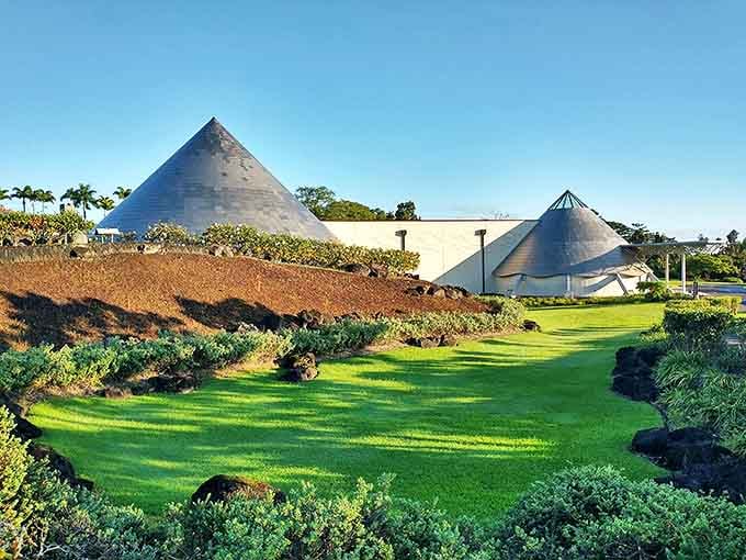 The distinctive pyramid structures of the 'Imiloa Astronomy Center blend ancient Hawaiian navigation with modern science in architectural form.
