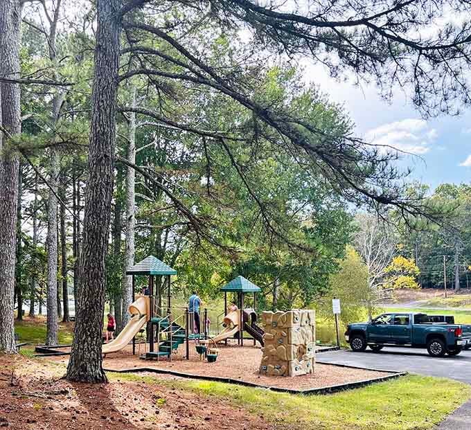 The playground keeps little ones entertained while adults enjoy that rare commodity called sitting down peacefully.