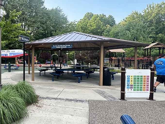Shaded pavilions provide respite for parents who've earned their sitting-down-while-supervising badges of honor today.