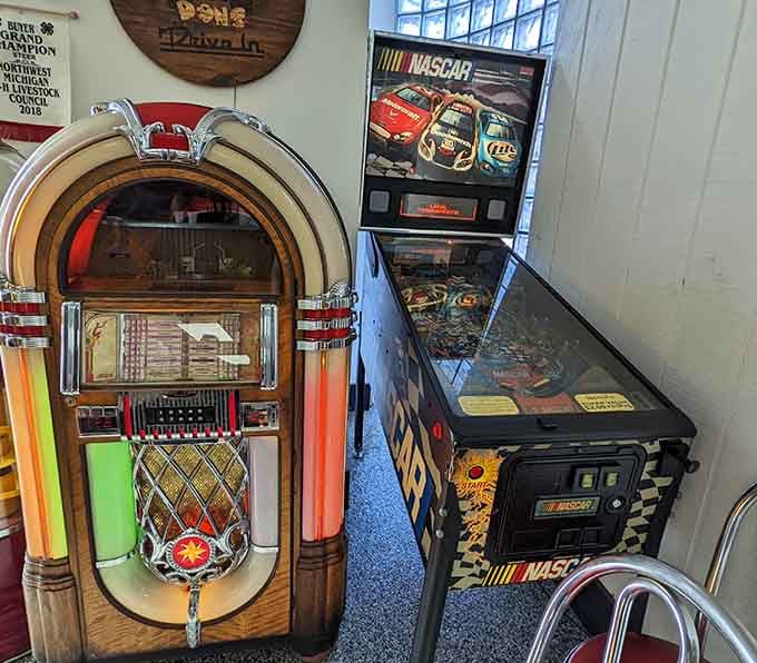 A working jukebox stands ready to soundtrack your meal with hits from when diners ruled America.
