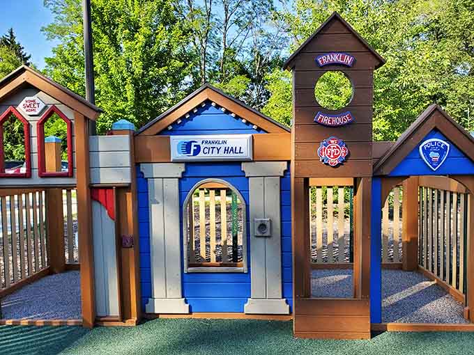 The miniature Franklin town complete with City Hall and Firehouse sparks imaginative play that lasts for hours.