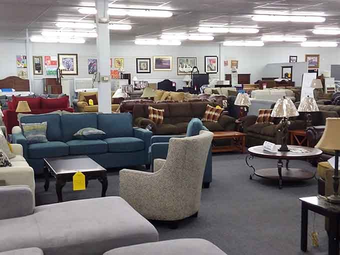 Furniture showrooms packed tighter than your aunt's attic, offering treasures without the designer markup.
