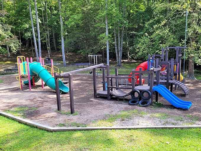 The playground means families can enjoy mountain magic together, proving nature adventures aren't just for serious hikers with fancy gear.