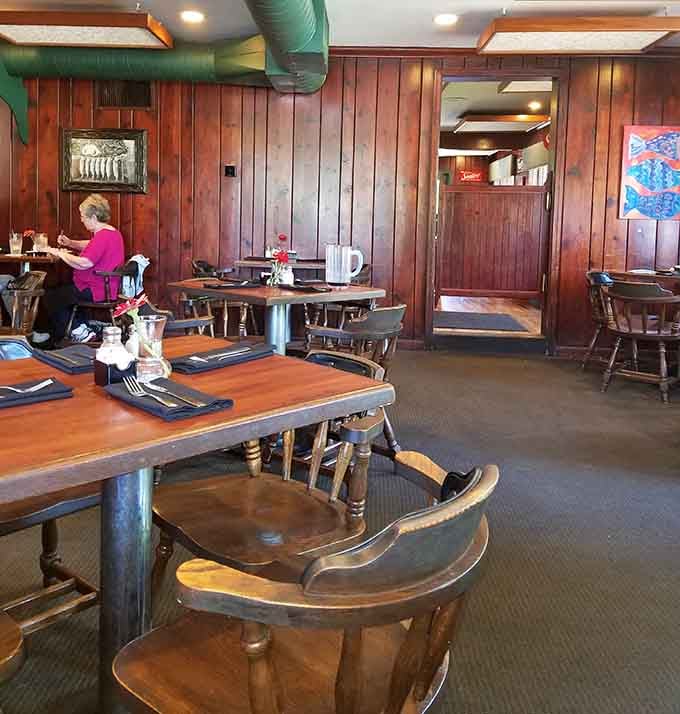 The dining room where locals have been gathering for decades, complete with sturdy furniture that's outlasted most modern marriages.