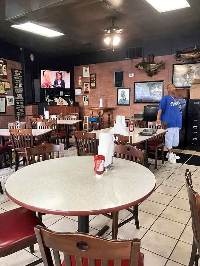 The kind of dining room where the TV's on, the chairs are comfortable, and nobody's judging your sauce-covered face.