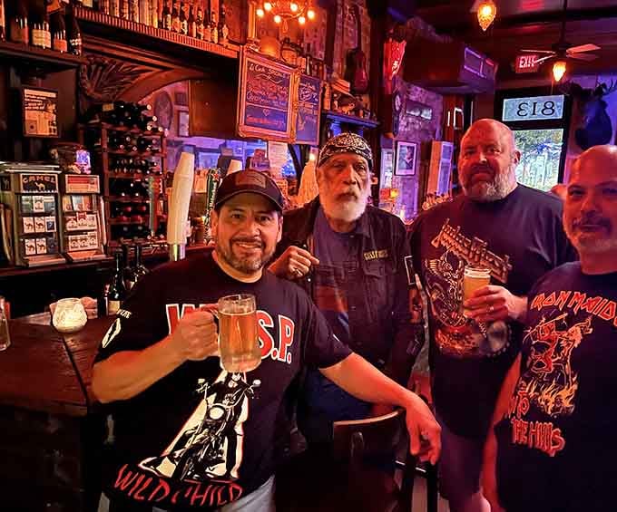 Friends raising glasses in the oldest bar in Texas: some traditions improve with age like fine wine.