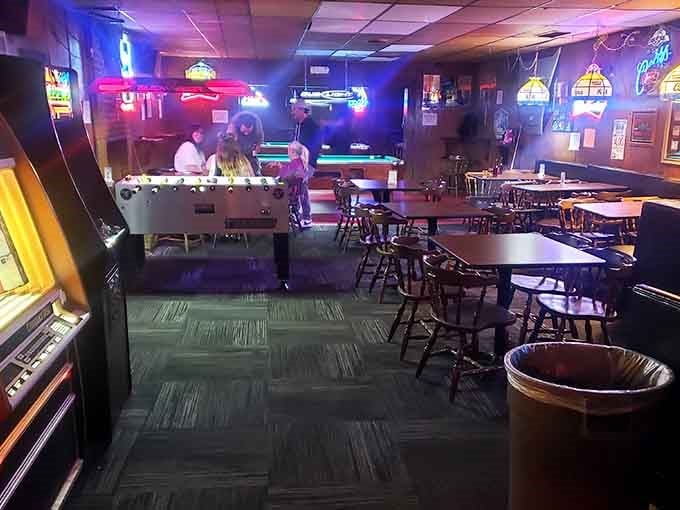 The foosball table and vintage lighting create an atmosphere that feels like your favorite decade, whichever that is.