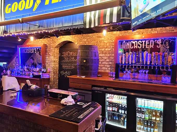 The bar area features exposed brick and enough tap handles to make any beer enthusiast stop and stare.