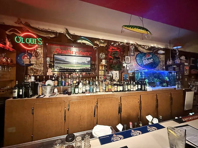The bar area features fishing lures, neon signs, and enough character to make every drink taste a little better.