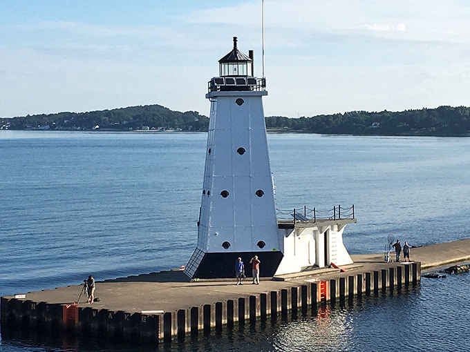 The North Breakwater Light looking crisp and white against blue water, like Michigan's version of a postcard come to life.