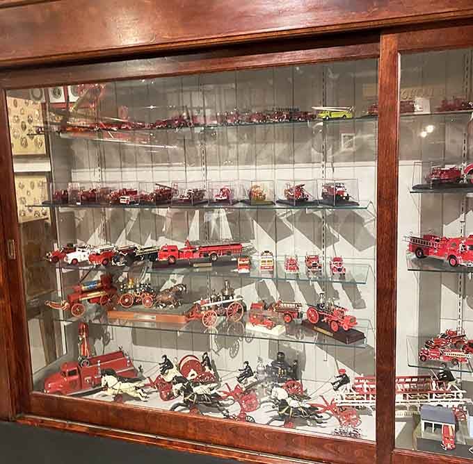 Miniature fire trucks fill the display case, capturing childhood dreams and honoring the real heroes they represent.
