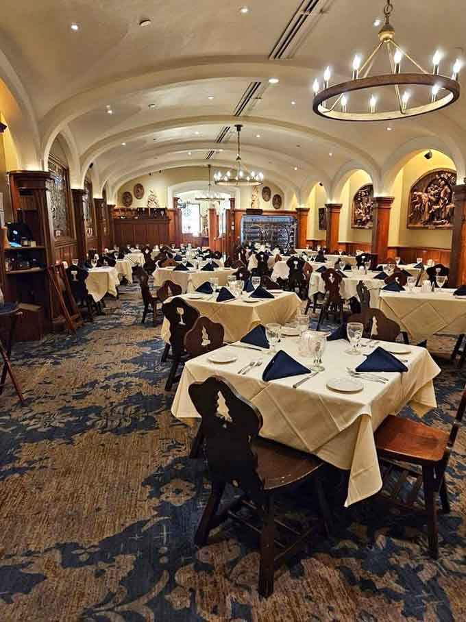 Vaulted ceilings and crisp white tablecloths create an elegant dining hall that feels both grand and genuinely welcoming.