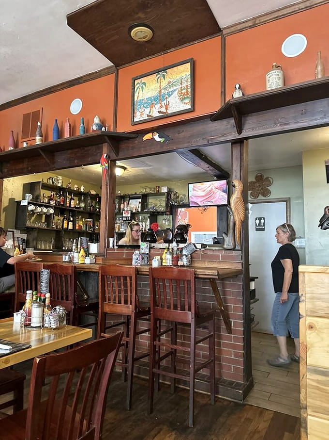 A well-stocked bar behind the counter means mimosas and Bloody Marys are always an option for weekend breakfast adventures.