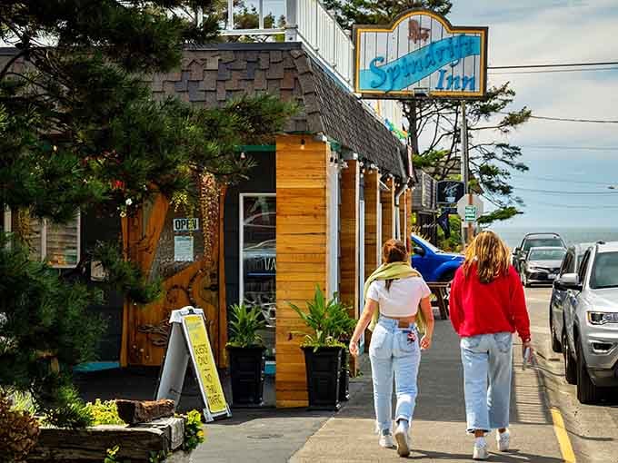 The Spindrift Inn beckons visitors with its classic coastal charm and the promise of ocean breezes through open windows.