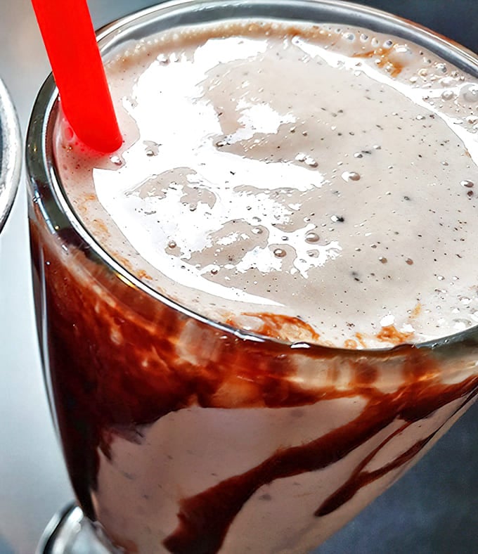 This isn't just a milkshake&mdash;it's dessert with a straw. The swirls of chocolate sauce are practically hypnotic.