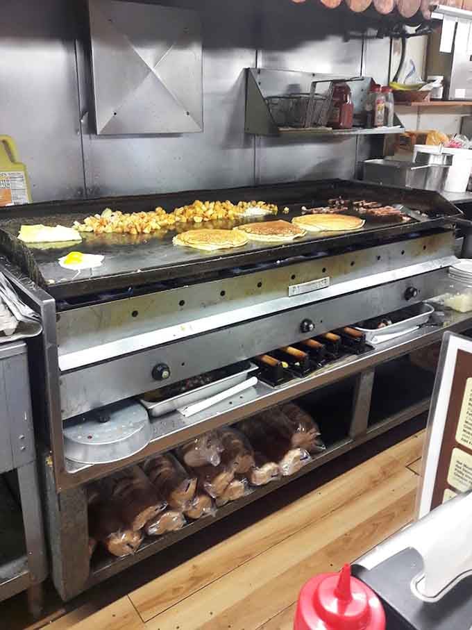 The griddle's working overtime, cranking out pancakes and eggs like it's feeding an army of hungry breakfast warriors every morning.