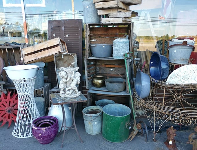Even the outdoor displays overflow with rustic charm, proving treasures lurk in every corner of this place.