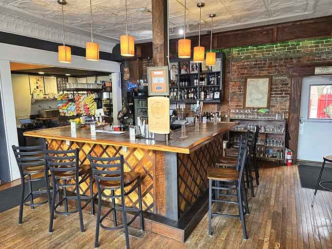 Counter seating with exposed brick and good lighting means your sandwich photos will look absolutely spectacular today.