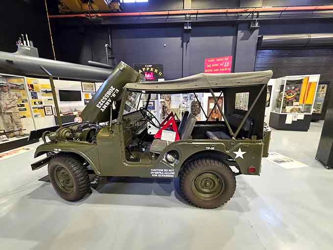 This classic military jeep looks ready for action—the humble workhorse that carried everything from generals to groceries across countless battlefields.