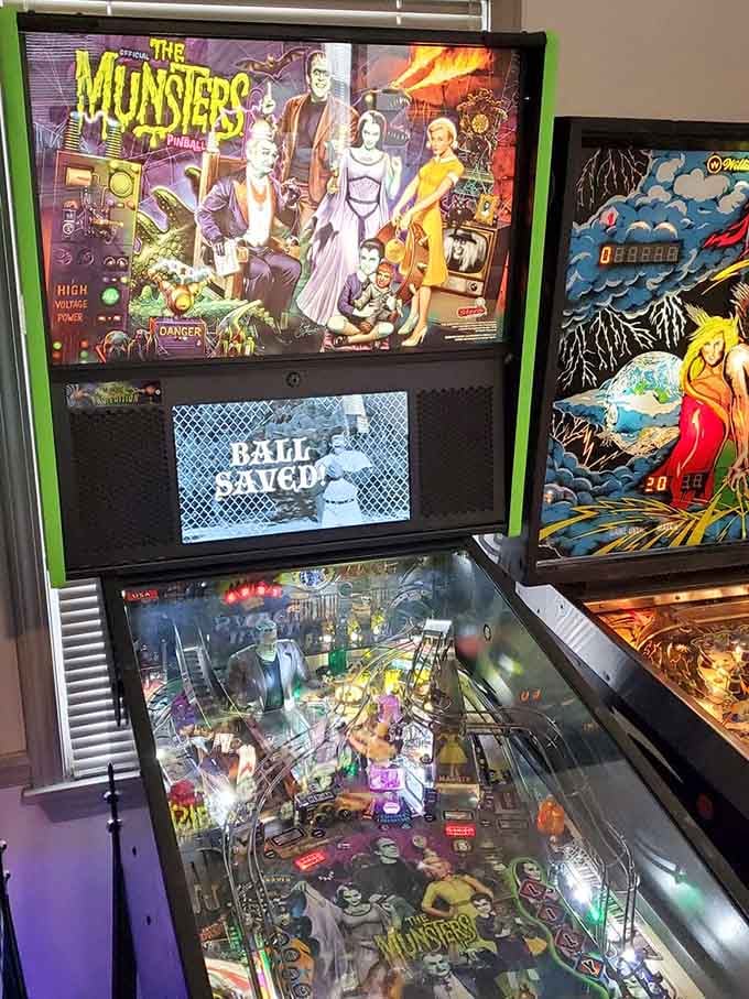 The Munsters machine glows with spooky charm, turning Herman and Lily into your pinball companions for the afternoon.