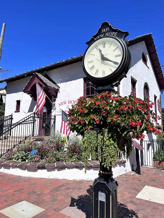 The town clock stands as a reminder that time moves differently when you're somewhere this delightful and walkable.