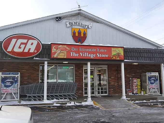 The Village Store keeps things local with that distinctive Oldenburg coat of arms watching over your grocery shopping.