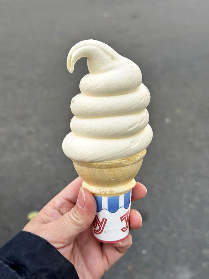 Soft serve swirled to architectural perfection, looking like something Norman Rockwell would have painted with pure delight.