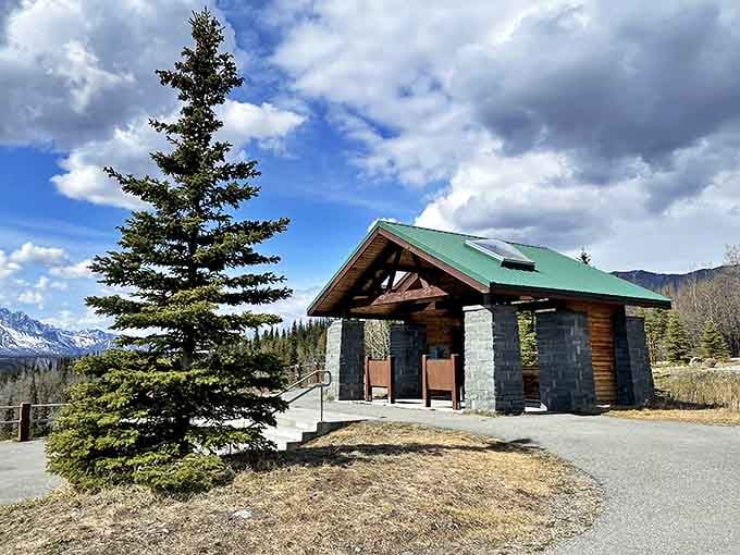 This charming rustic pavilion welcomes visitors with quintessential Alaskan style. Log cabin chic meets practical wilderness amenities.