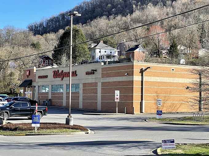 Even chain stores look charming when mountains rise dramatically behind them like nature's perfect backdrop.