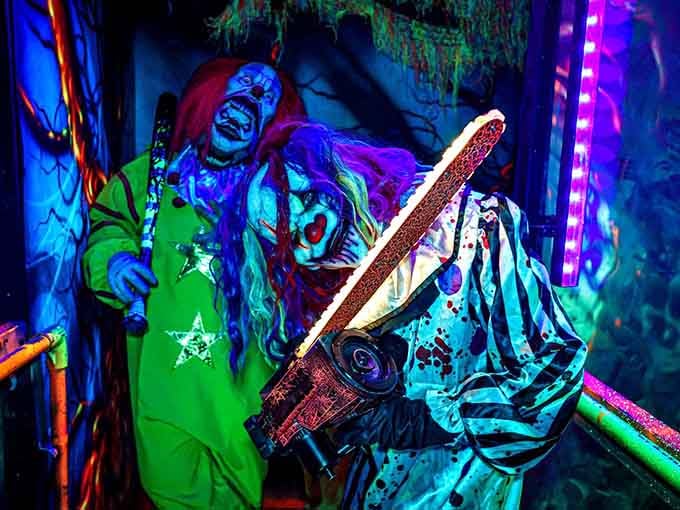 Neon-lit nightmares with chainsaws make you wonder who hurt these clowns to make them so angry.