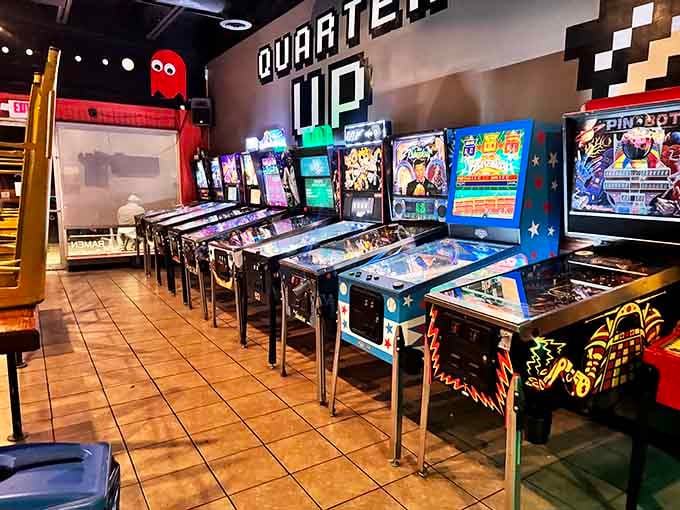 Pinball machines lined up like soldiers, ready to drain your ball at the worst possible moment forever.