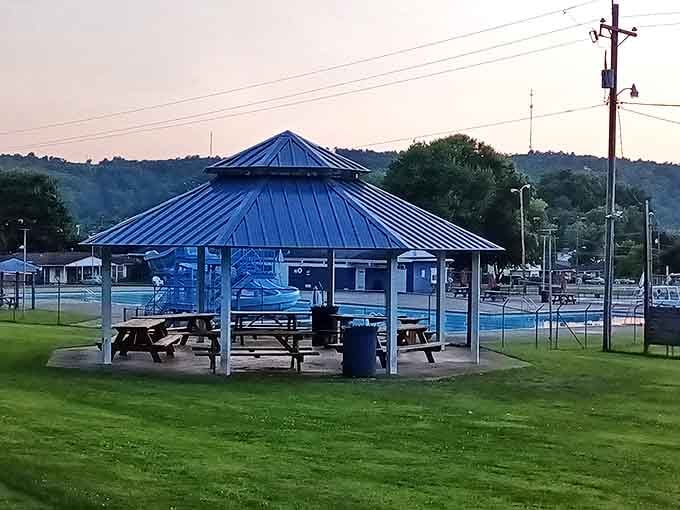 This blue-roofed pavilion stands ready for community gatherings. From family reunions to summer celebrations, it's where Ripley residents create memories under open skies.