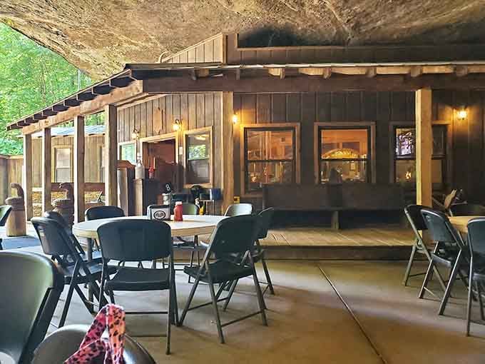 Tables spread out under the natural rock ceiling where Mother Nature provides the ambiance and you provide the appetite.
