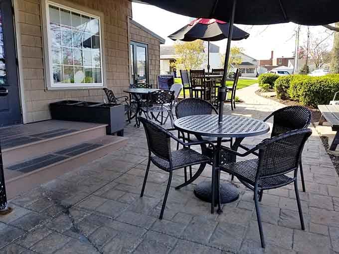 Outdoor seating where you can enjoy your meal while watching the world slow down to a more civilized pace.