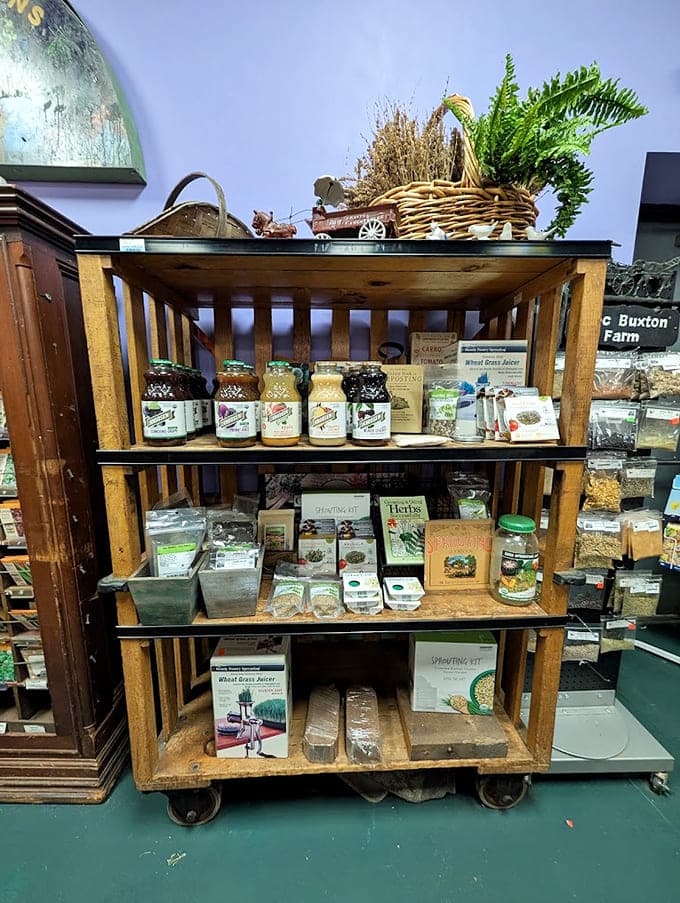 A wooden cart loaded with jams and herbs, like a farmer's market froze in the best moment.