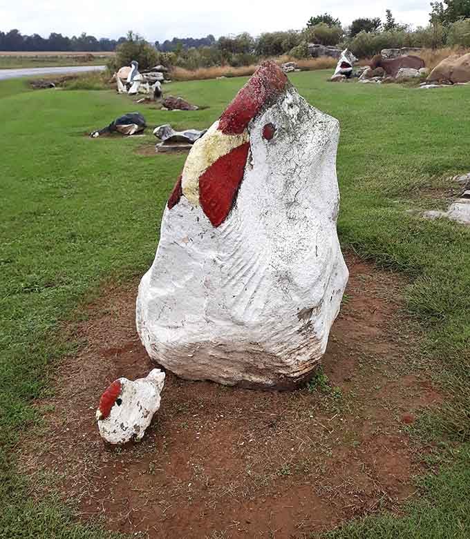 This chicken's open-mouthed expression captures the eternal surprise of discovering you've been transformed into painted limestone art.