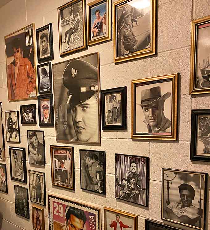 A wall of vintage photographs celebrating icons who knew how to rock both a pompadour and blue suede shoes.