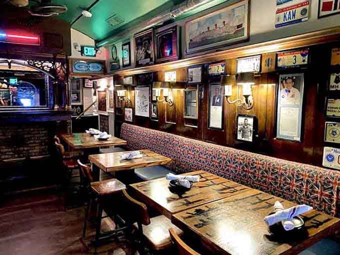 Vintage license plates and spy memorabilia cover every wall, giving you plenty to examine between bites.