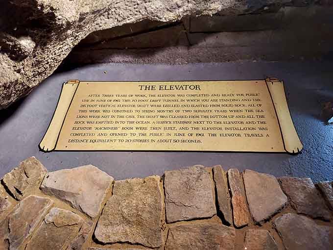This plaque explains the engineering marvel that lets you descend through solid rock like a Bond villain.