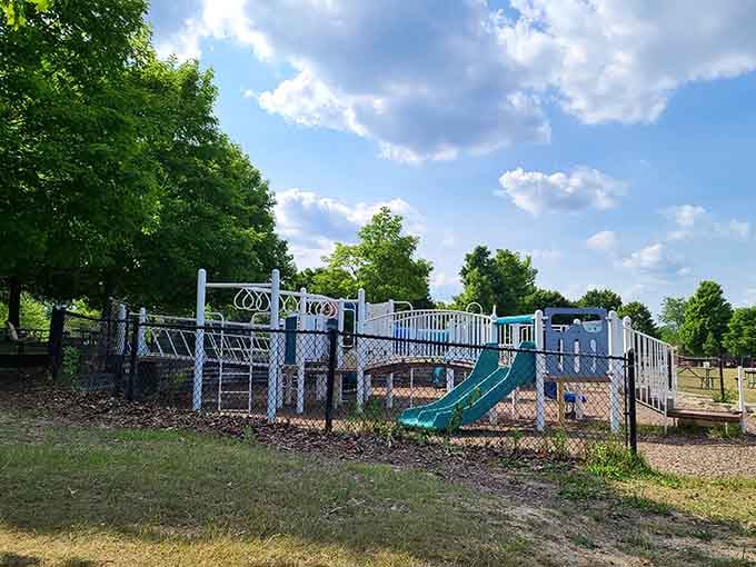 A playground where kids can be kids while parents enjoy lakeside views, everyone wins this round.